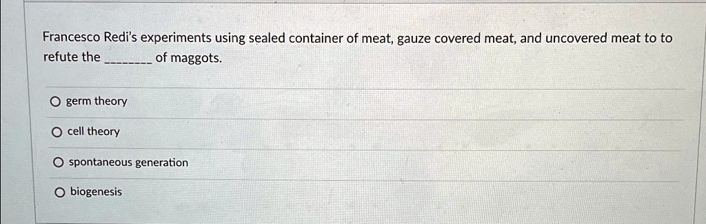 Francesco Redi's experiments using sealed container of meat, gauze ...