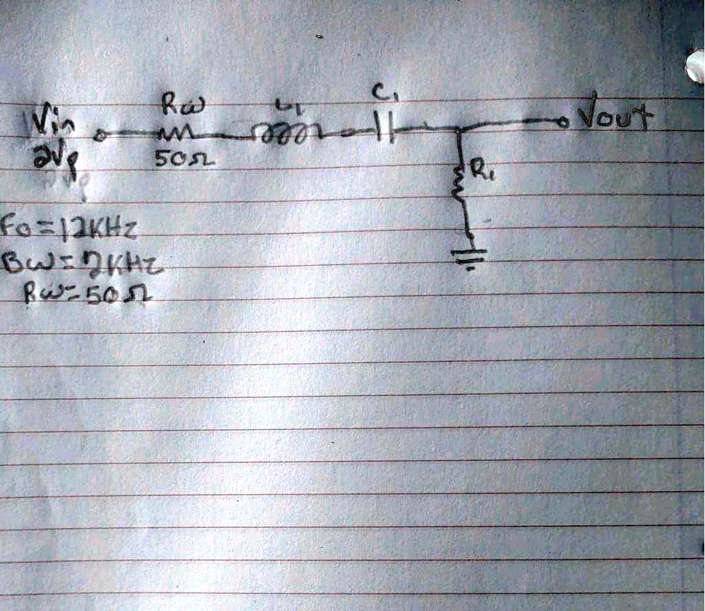 Design a series RLC passive band-pass filter to have a center frequency of f0 = 12 kHz and a ...