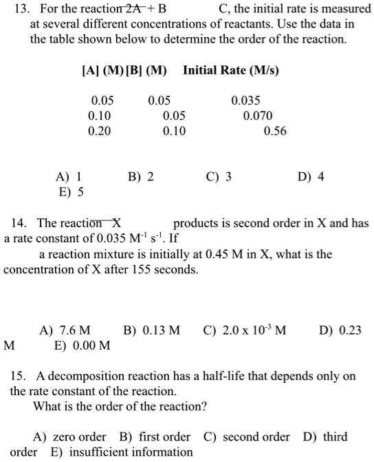 Solved 13 For The Reaction 2a B C The Initial Rate Is Measured At