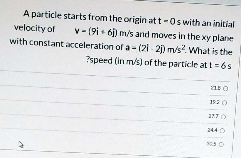 SOLVED: A particle starts from the origin at t=0s with an initial velocity of V = (9i + 6j) m/s ...