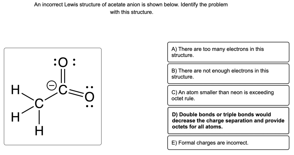 An incorrect Lewis structure of acetate anion is shown below. Identify ...