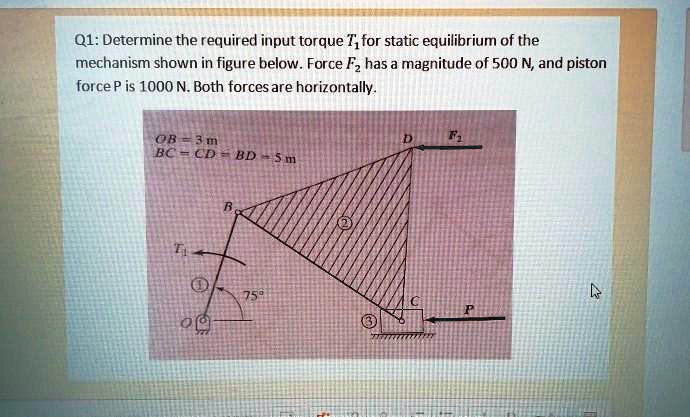 SOLVED: Q1: Determine the required input torque T for static equilibrium of the mechanism shown ...