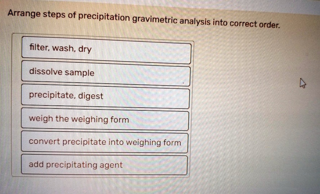 Arrange the steps of precipitation gravimetric analysis in the correct ...