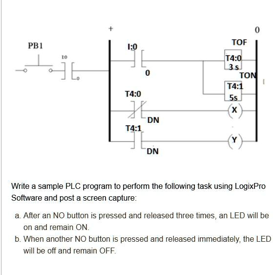 SOLVED: 0 PB1 TOF 1:0 T4:0 3s TON T4:1 5s 0 T4:0 DN T4:1 DN Write a ...