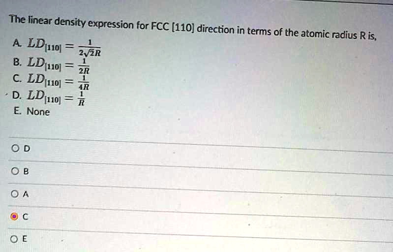 the linear density expression for fcc 110 direction in terms of the atomic radius r is ldquol ...