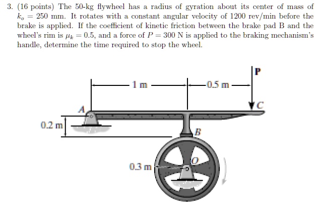 3. (16 points) The 50-kg flywheel has a radius of gyration about its ...