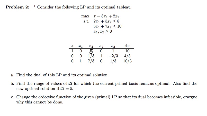 SOLVED: Problem 2: Consider the following LP and its optimal tableau ...