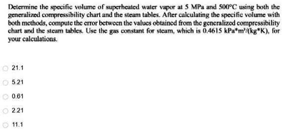 SOLVED: Determine the specific volume of superheated water vapor at 5 MPa and 500C using both ...