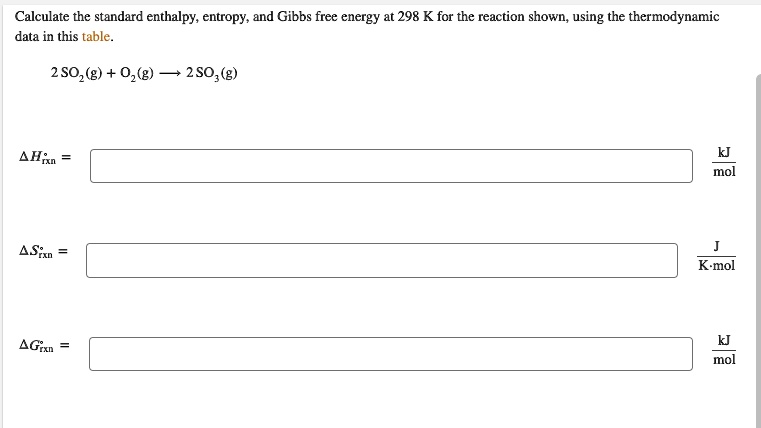 calculate the standard enthalpy entropy and gibbs free energy at 298 k for the reaction shown ...