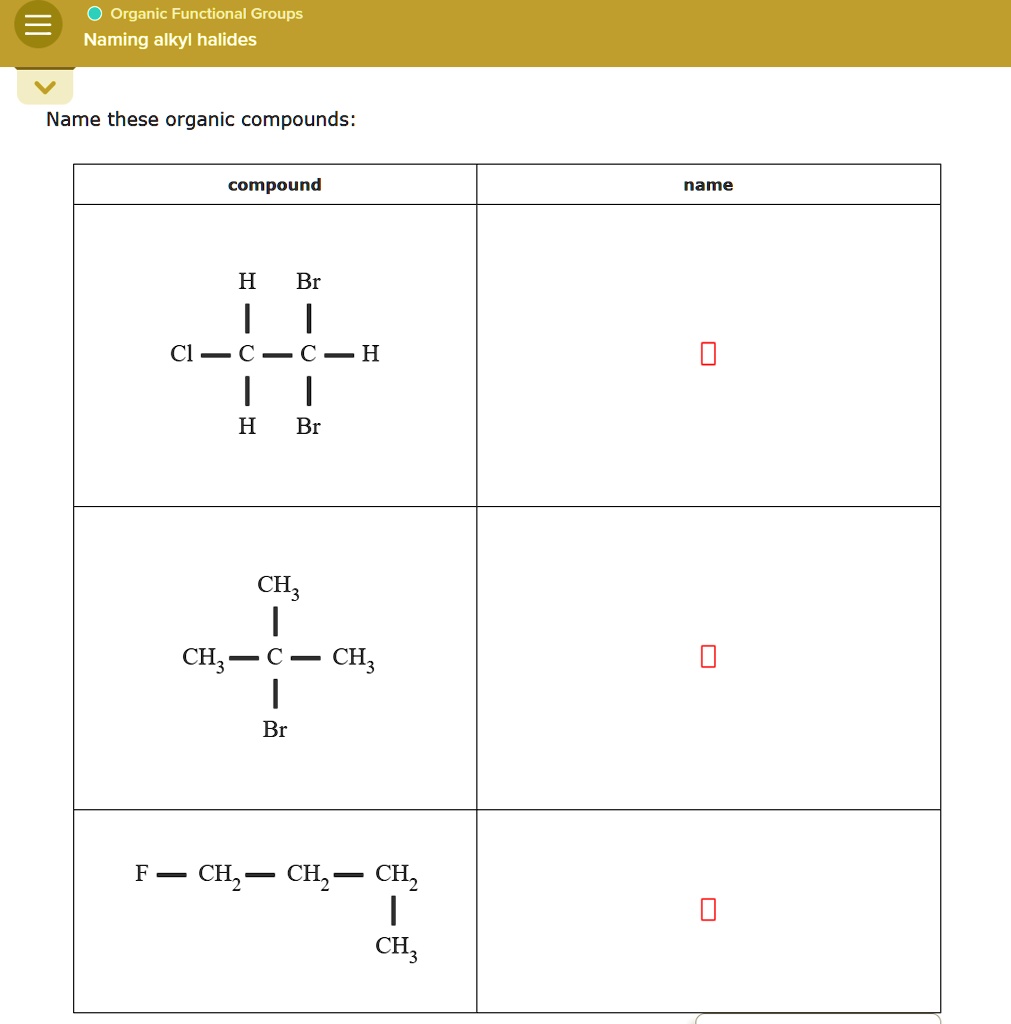 organic functional groups naming alkyl halides name these organic compounds compound name h br ...
