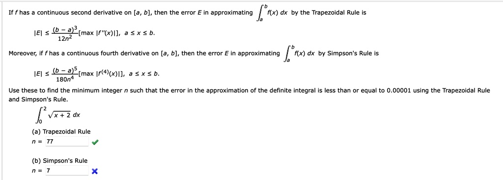 SOLVED:If f has continuous second derivative on [a, b]; then the error E in approximating f(x ...