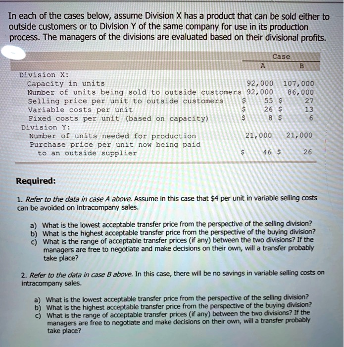 In each of the cases below,assume Division X has a product that can be ...
