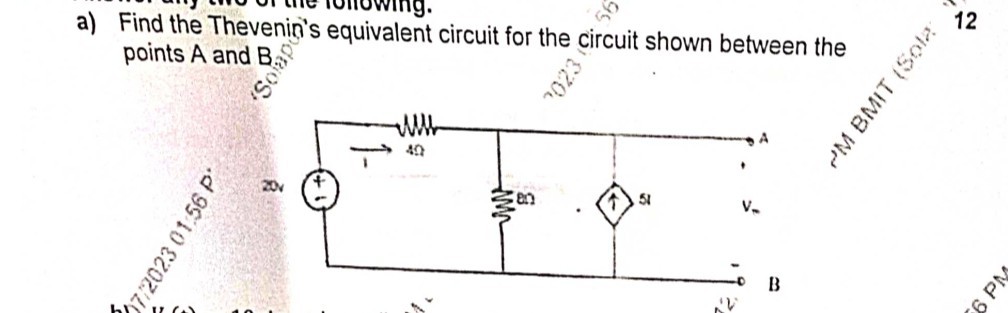 SOLVED: a) Find the Thevenin's equivalent circuit for the circuit shown between the points A and ...