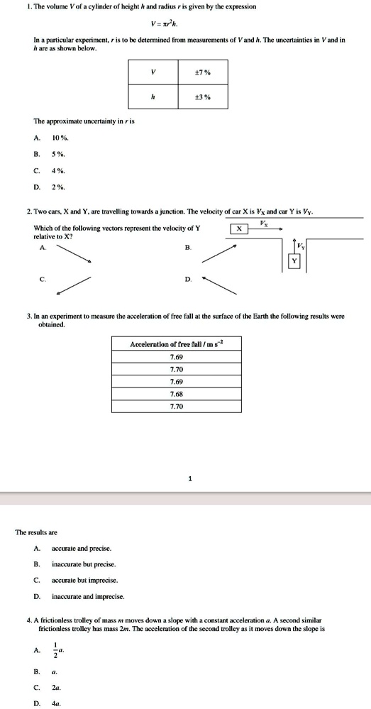 SOLVED: 1. The volume V of a cylinder of height h and radius r is given ...