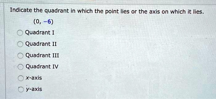 SOLVED: Indicate the quadrant in which the point lies or the axis on which it lies (0, -6 ...