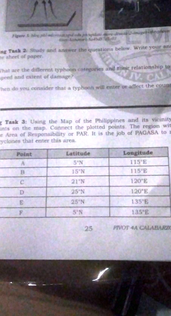 SOLVED: 'Learning Task 3: Using the map of the philippines and its vicinity, plot the given ...