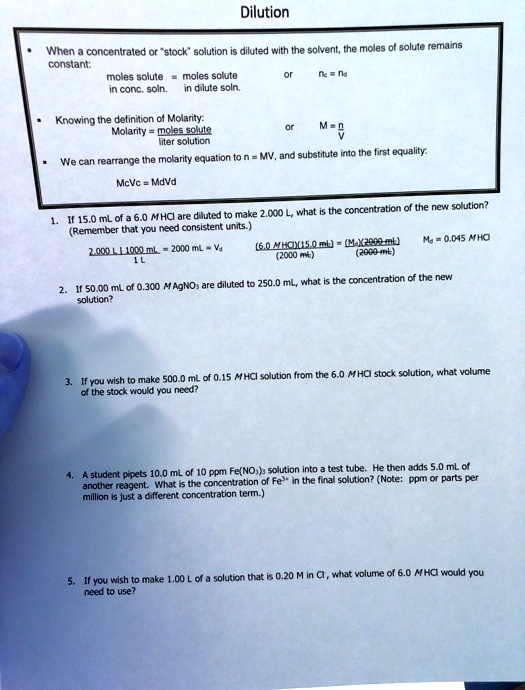 SOLVED: Dilution When stock" solution | diluted with the solvent, the ...