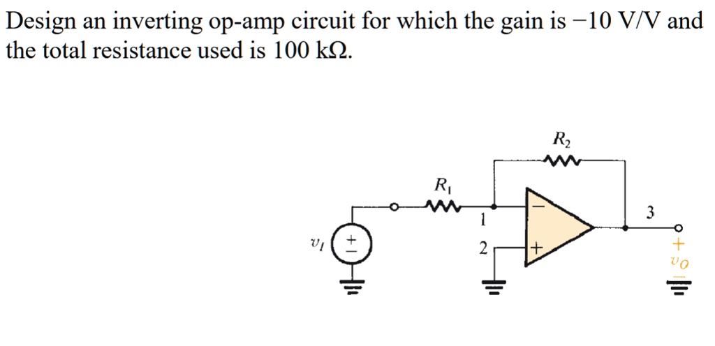 design an inverting op amp circuit for which the gain is 10 vv and the total resistance used is ...