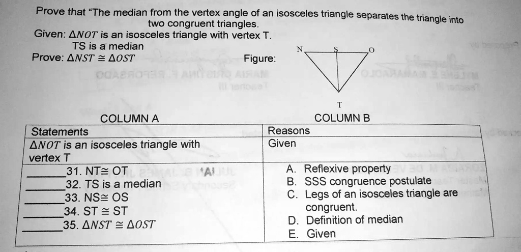 SOLVED: Prove that "The median from the vertex angle of an isosceles ...