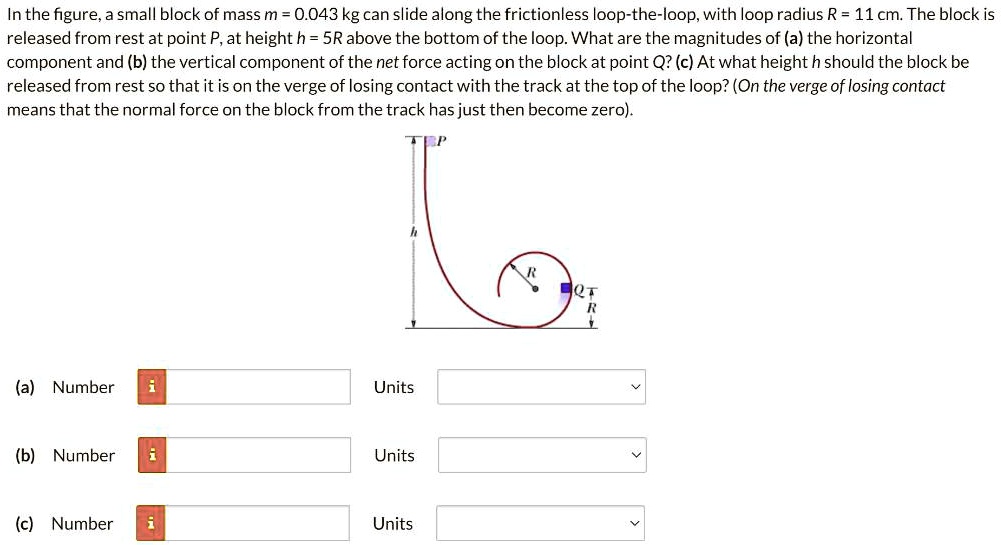 SOLVED: In the figure, a small block of mass m = 0.043 kg can slide along the frictionless loop ...