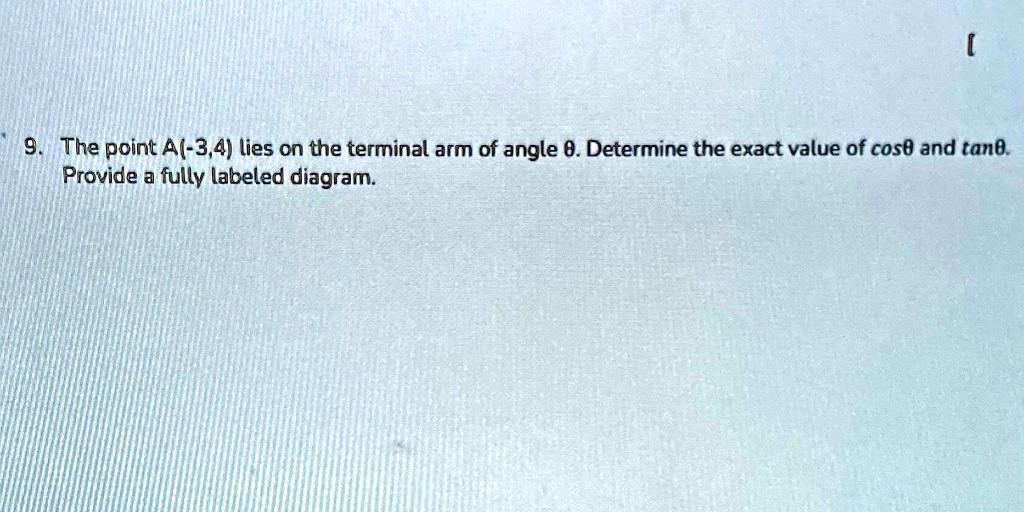 9. The point A(-3,4) lies on the terminal arm of angle θ. Determine the exact value of cosθand ...