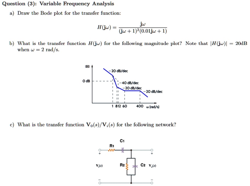 SOLVED: Question (3): Variable Frequency Analysis a) Draw the Bode plot for the transfer ...