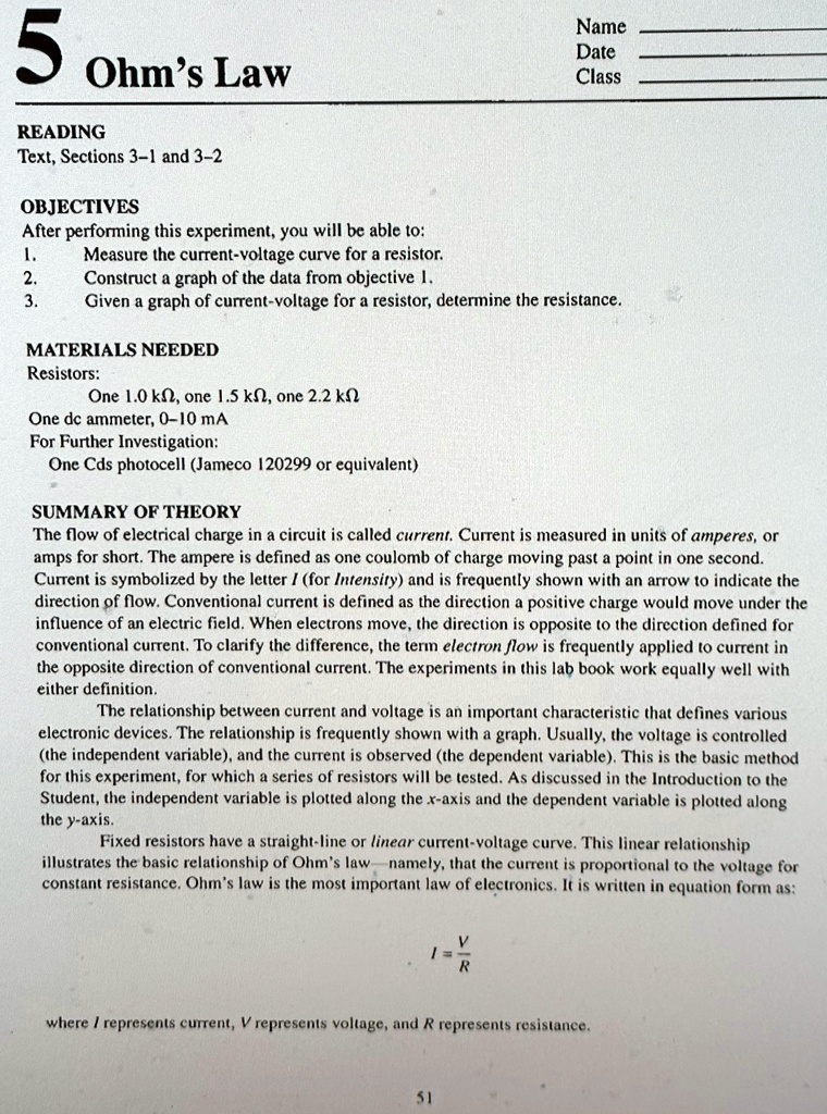 SOLVED: Texts: need help 5 Ohm's Law READING Text, Sections 3-1 and 3-2 ...