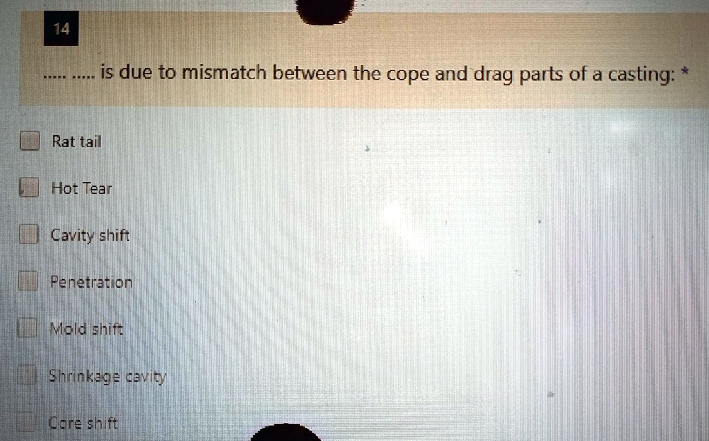 14 ...... is due to mismatch between the cope and drag parts...