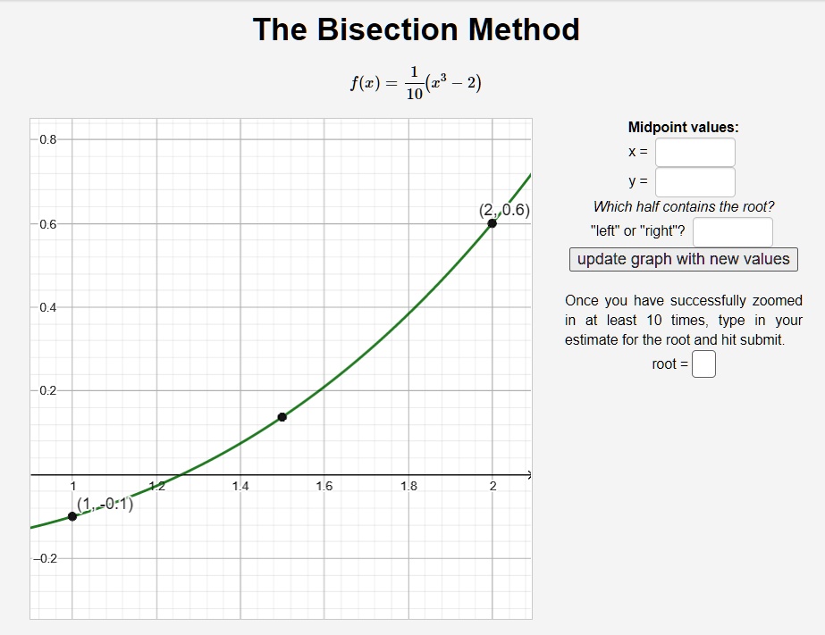 SOLVED:The Bisection Method f(z) 1o(r' _ 2) Midpoint values: Which half ...