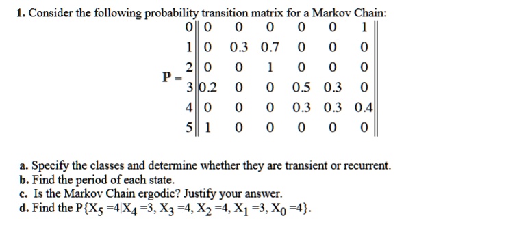 [GET ANSWER] 1 consider the following probability transition matrix for markov chain specify the ...