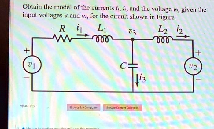 Obtain the model of the currents i1, i2, and the voltage V, given the input voltages V1 and V2 ...