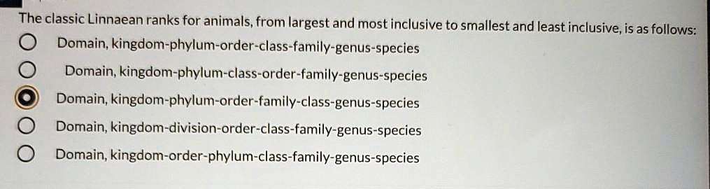 SOLVED: The classic Linnaean ranks for animals, from largest and most ...