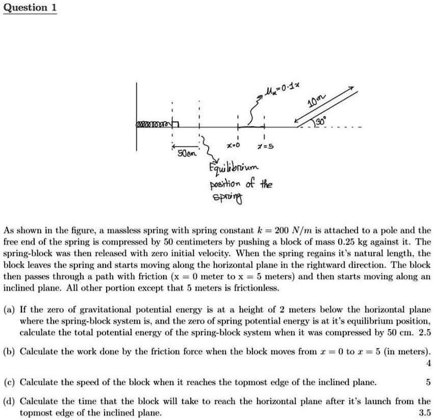 Question 1 M=0-1x 10m 30° x=0 x=5 50cm Equilibrium position of the ...