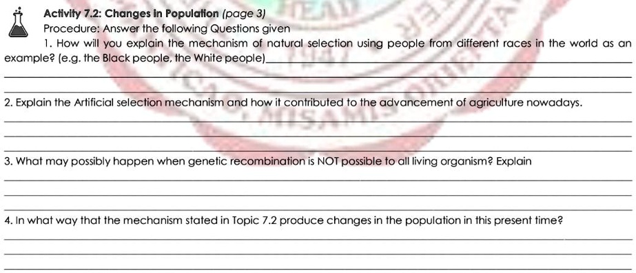 SOLVED: Activity 7.2: Changes In Population (page 3) Procedure: Answer ...
