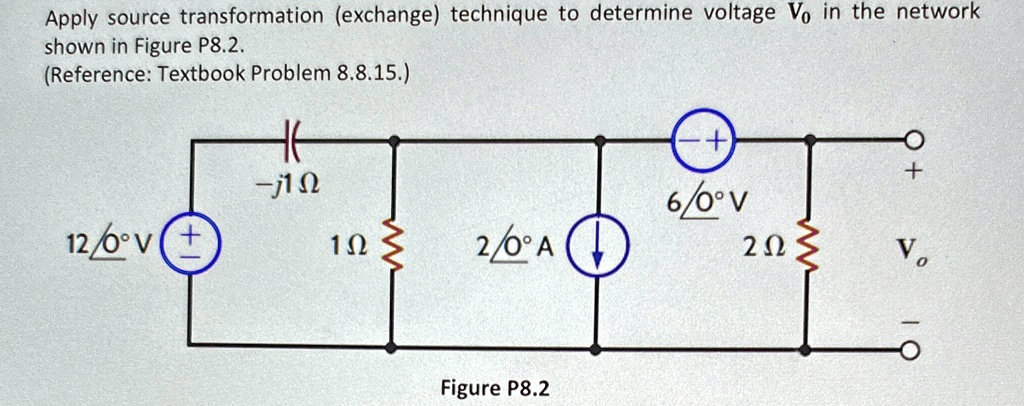 Apply source transformation (exchange) technique to determine voltage Vo in the network shown in ...