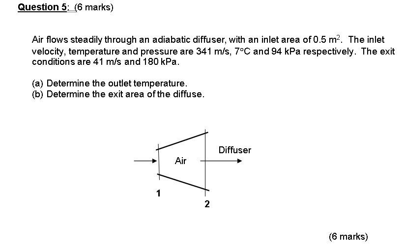 Question 5 6 Marks Air Flows Steadily Through An Adiabatic Diffuser With An Inlet Area Of 0