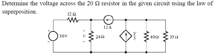 Determine the voltage across the 20 Ω resistor in the given circuit using the law of superposition.