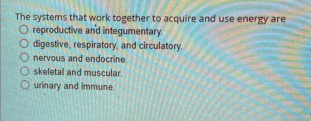 The systems that work together to acquire and use energy are reproductive and integumentary ...