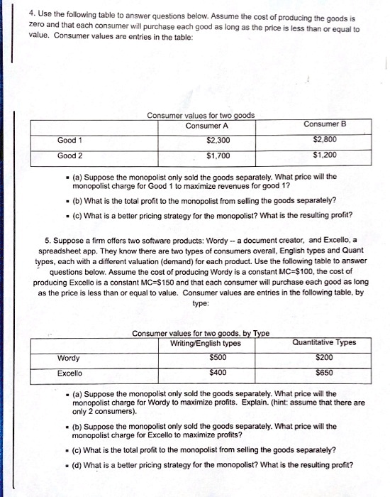 4 use the following table to answer questions below assume the cost of producing the goods is ...