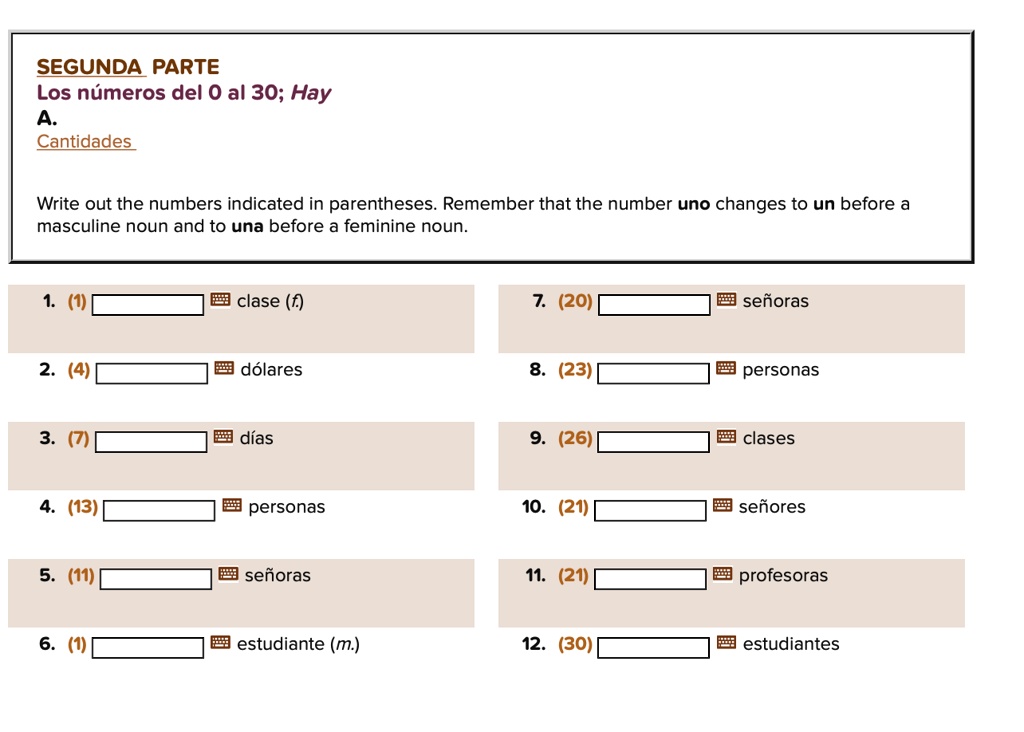 spanish segunda parte los numeros del 0 al 30 hay cantidades write out ...