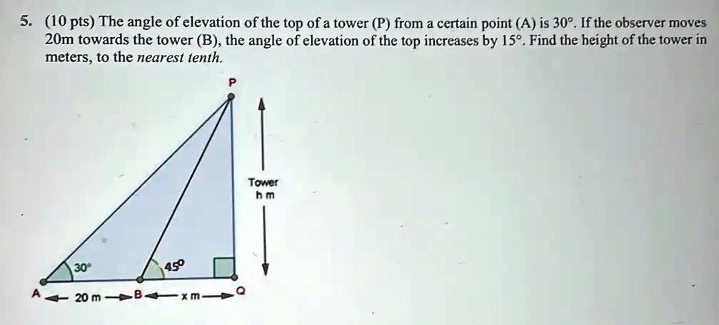 5. (10 pts) The angle of elevation of the top of a tower (P) from a certain point (A) is 30°. If ...