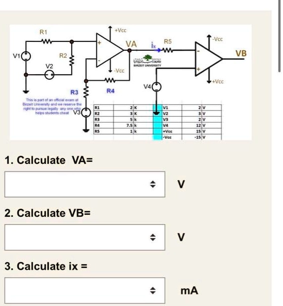 SOLVED: Vcc VB Vcc TCC 1. Calculate VA= 2. Calculate VB= 3. Calculate ix = mA