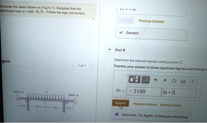 SOLVED: Consider the beam shown in Figure 1. Suppose that the distributed load w = 600 lb/ft ...