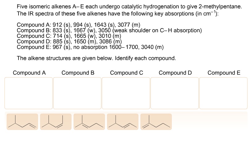 Five isomeric alkenes A-E each undergo catalytic hydrogenation to give ...