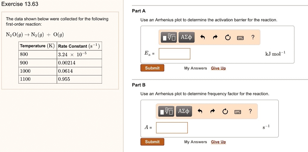 Exercise 13.63 The data shown below were collected for the following first-order reaction: N2O(g ...