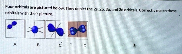 Four orbitals are pictured below. They depict the 2s, 2p, 3p, and 3d orbitals. Correctly match ...