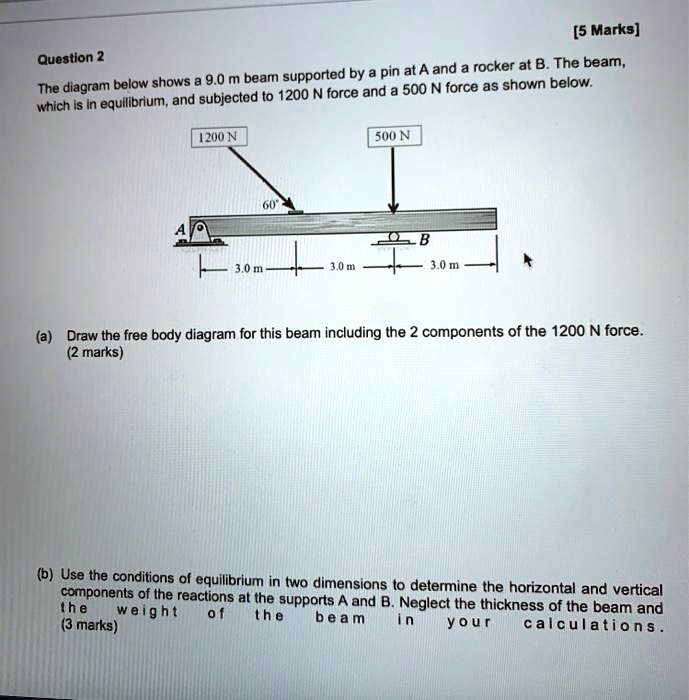 Question 2 [5 Marks] The diagram below shows a 9.0 m beam supported by ...