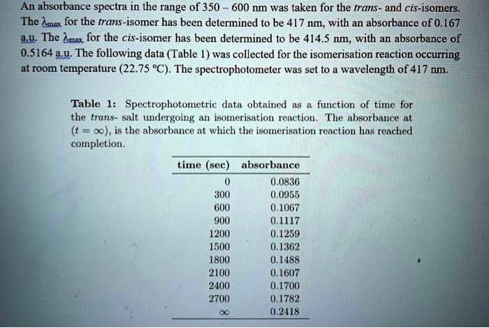 SOLVED: An absorbance spectra the range of 350 600 nm was taken for the trans- and cis-isomers ...