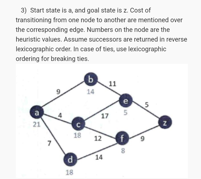 3) Start state is a, and goal state is z. Cost of transitioning from one node to another are ...