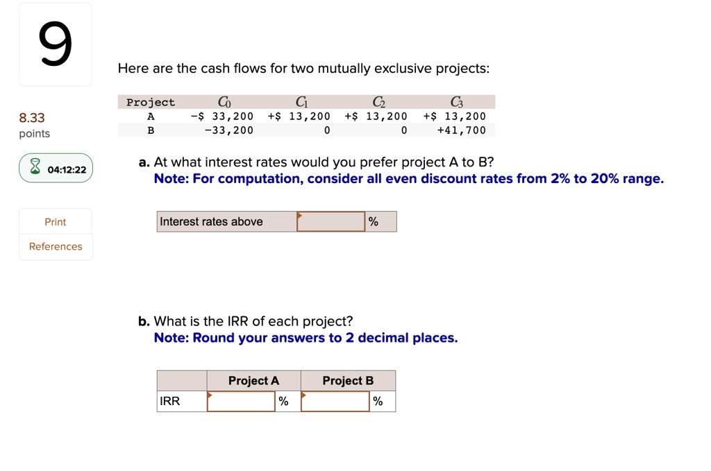 9 8.33 points 04:12:22 Here are the cash flows for two mutually ...